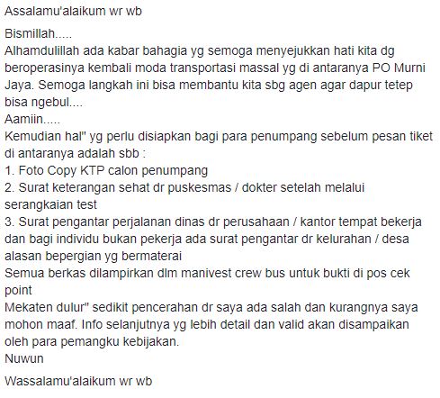 Bus Murni Jaya Beroperasi Kembali