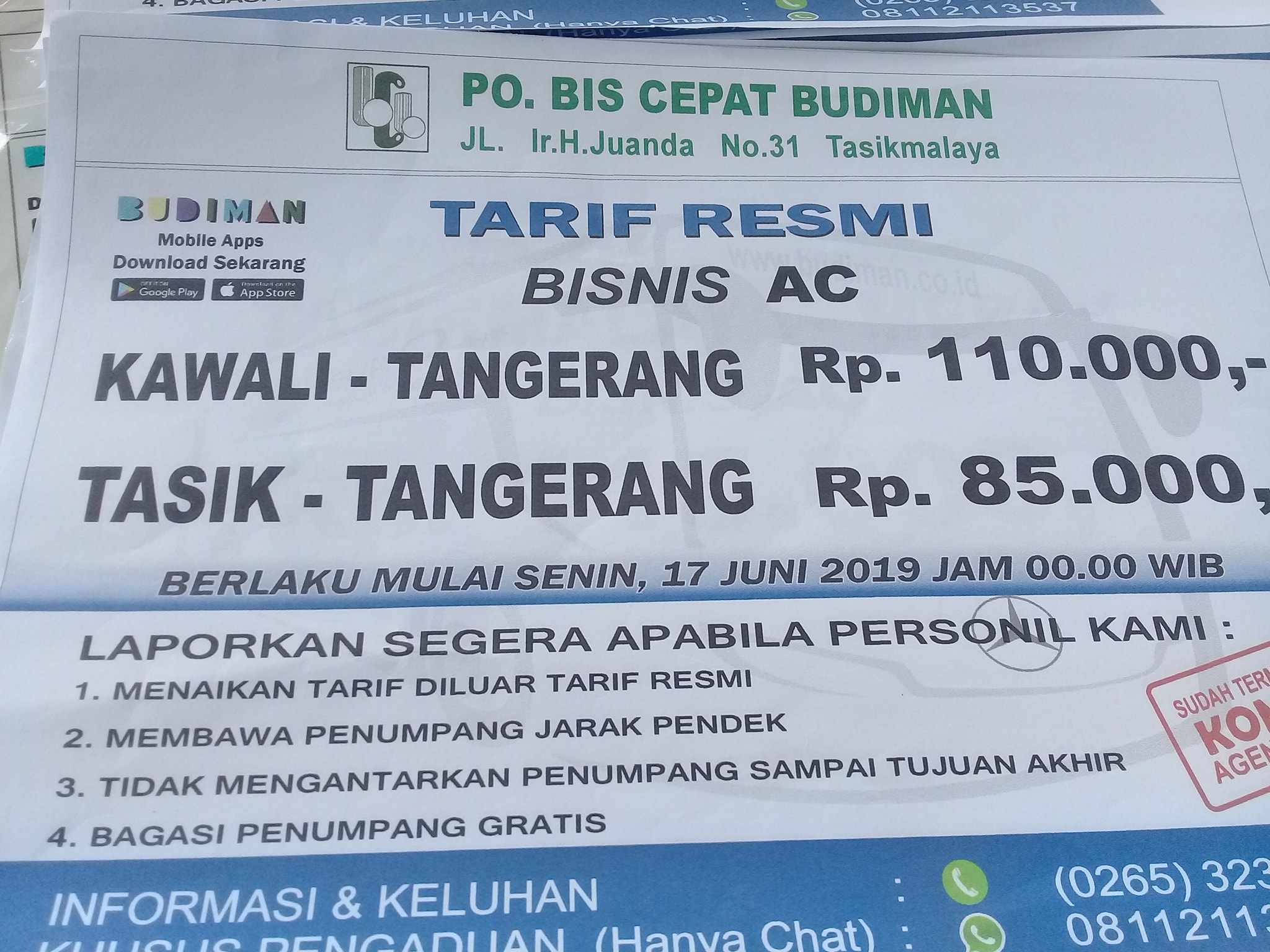Jadwal dan Tarif Bus BUDIMAN Dari CIKOKOL TANGERANG ke KAWALI
